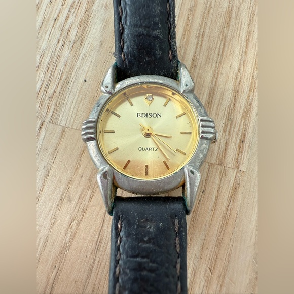 edison | Accessories | Vintage Edison Ladies Gold Tone Black Leather ...